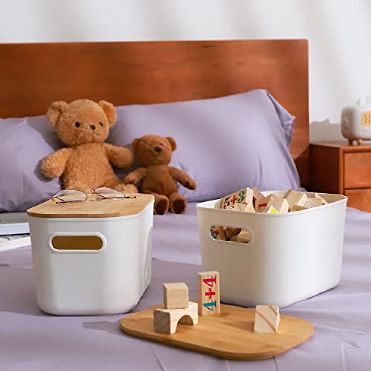 Citylife 2 PCS Storage Bins with Bamboo Lids & 10 PCS 1.3 QT Small Plastic Storage Container Stackable Box for Organizing