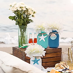 Beach Mason Jar Decor Coastal Table Centerpiece with White Flowers Floral Arrangement Blue Shell Starfishes Slices Summer Sea Farmhouse Tiered Tray Wedding Décor Vases Home Hostess Gift Idea Set of 3