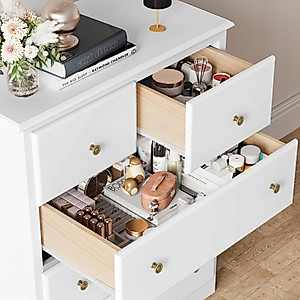 HOUSUIT Dresser with 5 Drawers, Tall Dresser Chest of Drawers, 5 Drawer Dresser with Deep Space, Wood Dresser Storage Cabinet for Living Room, Hallway, Entryway, Office, White