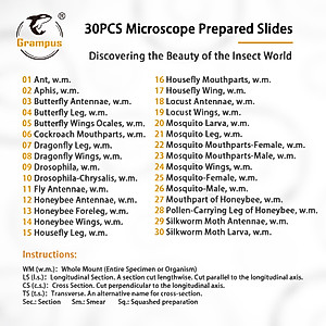 30 Prepared Microscope Slides with Specimens for Kids Students - Insects, for Biological Science Lab, Children's Science Education, Homeschooling Use