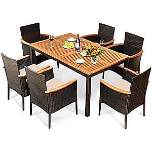 Tangkula 7 Pieces Outdoor Dining Set, Patiojoy Wicker Conversation Set with Umbrella Hole, Stackable Rattan Chairs w/Soft Cushion, Table & Chairs Set with Acacia Wood Tabletop for Garden, Backyard
