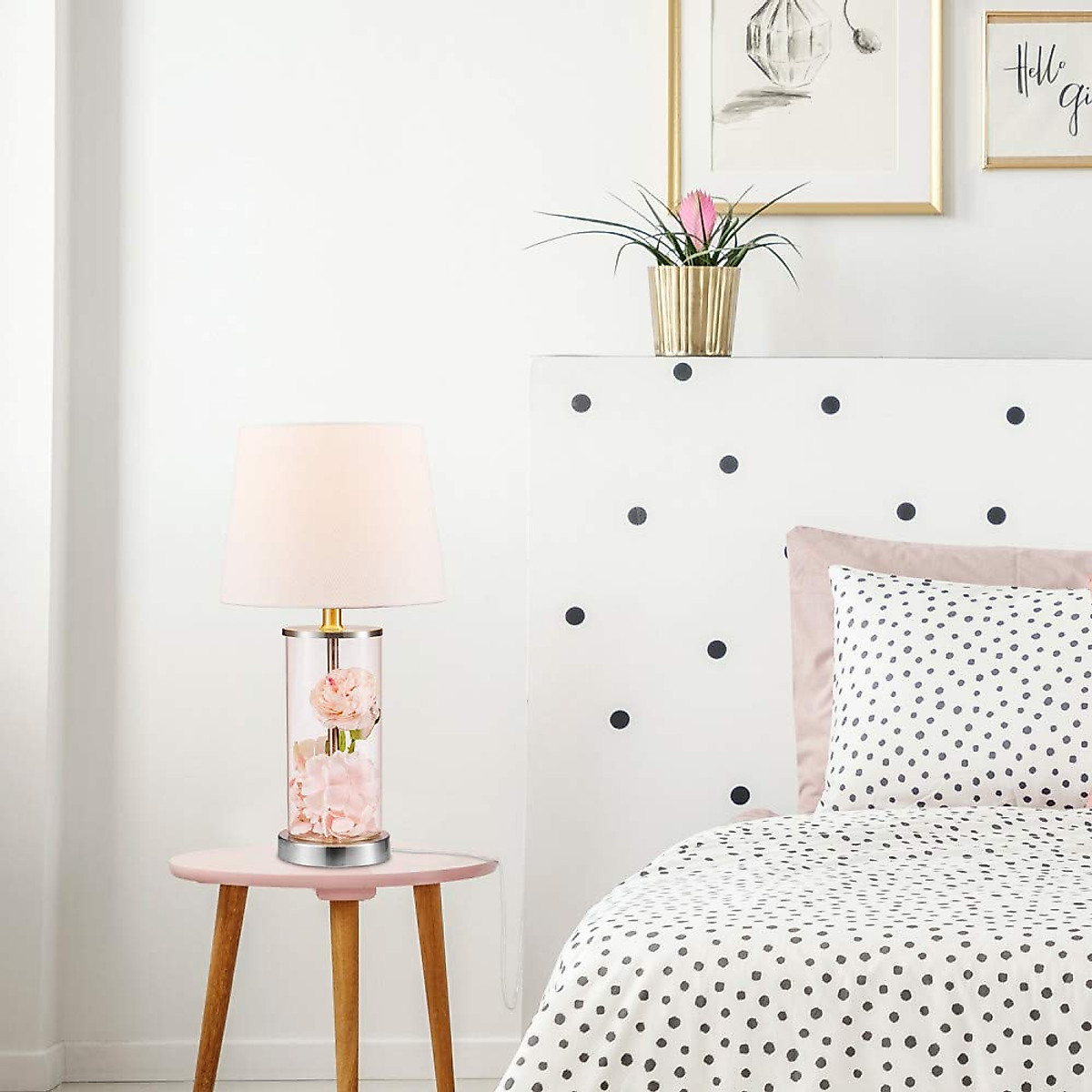 Globe Electric 67155 20" Fillable Table Lamp, Clear Glass and Steel Base, White Fabric Shade, Reading Light, Home Essentials, Bedroom, Nightstands, Room Décor, Dorm