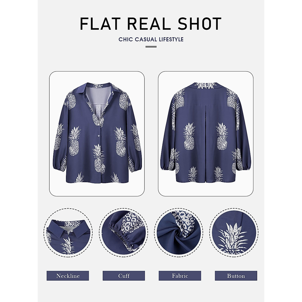 ZXZY Women Pineapple Printed Lapel Collar Half Sleeves Buttons Down Blouse Shirt (Blue, Large)