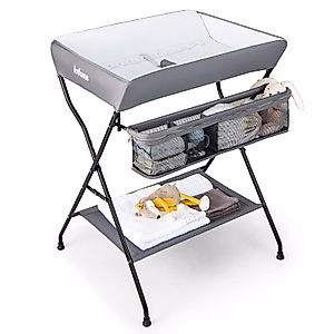 INFANS Baby Changing Table, Folding Diaper Station Portable Nursery Organizer with Safety Belt and Large Storage Racks for Newborn Baby and Infant (Grey)