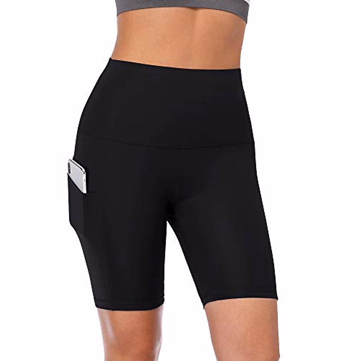 CADMUS Women's High Waist Spandex Yoga Shorts for Bike Running Two Side Pockets,1010,Black,Black,Black,Medium