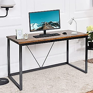 YRLLENSDAN Computer Desk 55-inch Large Home Office Desk Modern Simple Style Study Writing Table Black Stable Metal Frame- Dark Brown