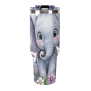 40 Oz Cute Baby Elephant Insulated Stainless Steel Tumbler with Handle & Straw Lid, Reusable Travel Cupholder Friendly Mug for Coffee, Water, Tea