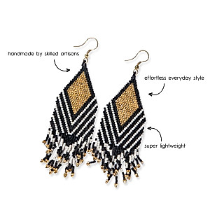 INK + ALLOY Beaded Boho Earrings for Women Dangling, Dottie Luxe Seed Bead Fringe Statement Art Deco Chandelier Earrings, Handmade Jewelry for the Modern Bohemian, 3.5-Inch Length (Black and Gold)