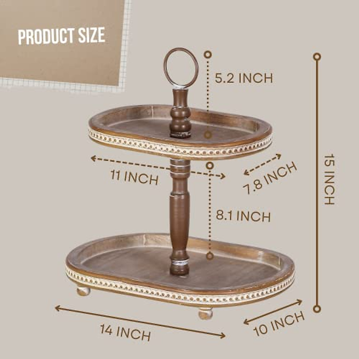 FESTWIND Oval Tiered Tray, Beaded Rustic Tiered Tray, Two Tiered Tray Stand for Kitchen Counter, Farmhouse Decorative Trays for Home Decor Distressed Brown