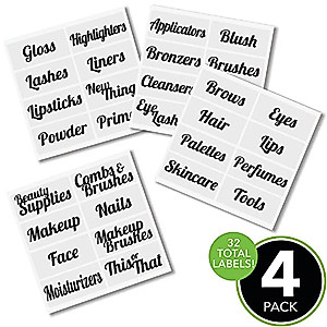 mDesign Home Organization Labels - Preprinted Label Stickers for Cosmetic Storage and Cleaning - Household Organizing for Jars, Canisters, Containers, Bins, and Boxes - 32 Count - Black