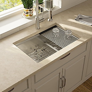 LORDEAR 28 Inch Undermount Kitchen Sink Double Bowl 16 Gauge Stainless Steel Workstation Kitchen Sink 50/50 with Smart Low Divider, 28x19 Double Basin Under Counter Kitchen Sinks Handmade