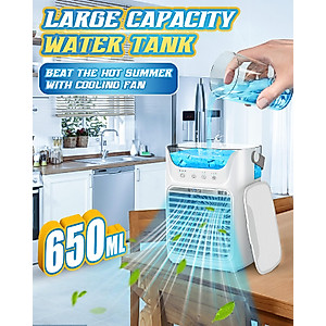 Portable Air Conditioners Fan, 2024 Upgraded Mini Air Conditioners Evaporative Air Cooler with 3 Cool Mist & Speeds, 3 Timer 7 Color Led, Small Air Conditioner Portable for Room Office Camping Car