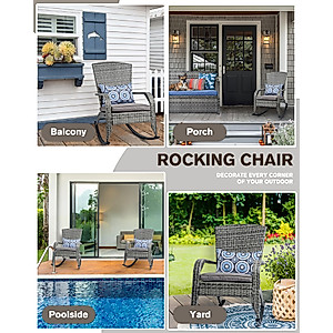 OYODHPDU Outdoor Rocking Chair- Rattan Patio Rocker Chairs with Cushions and Steel Frame- All Weather Outdoor Rocker Chair with 2 Replaceable Cushion Covers (Blue & Grey), 350lbs