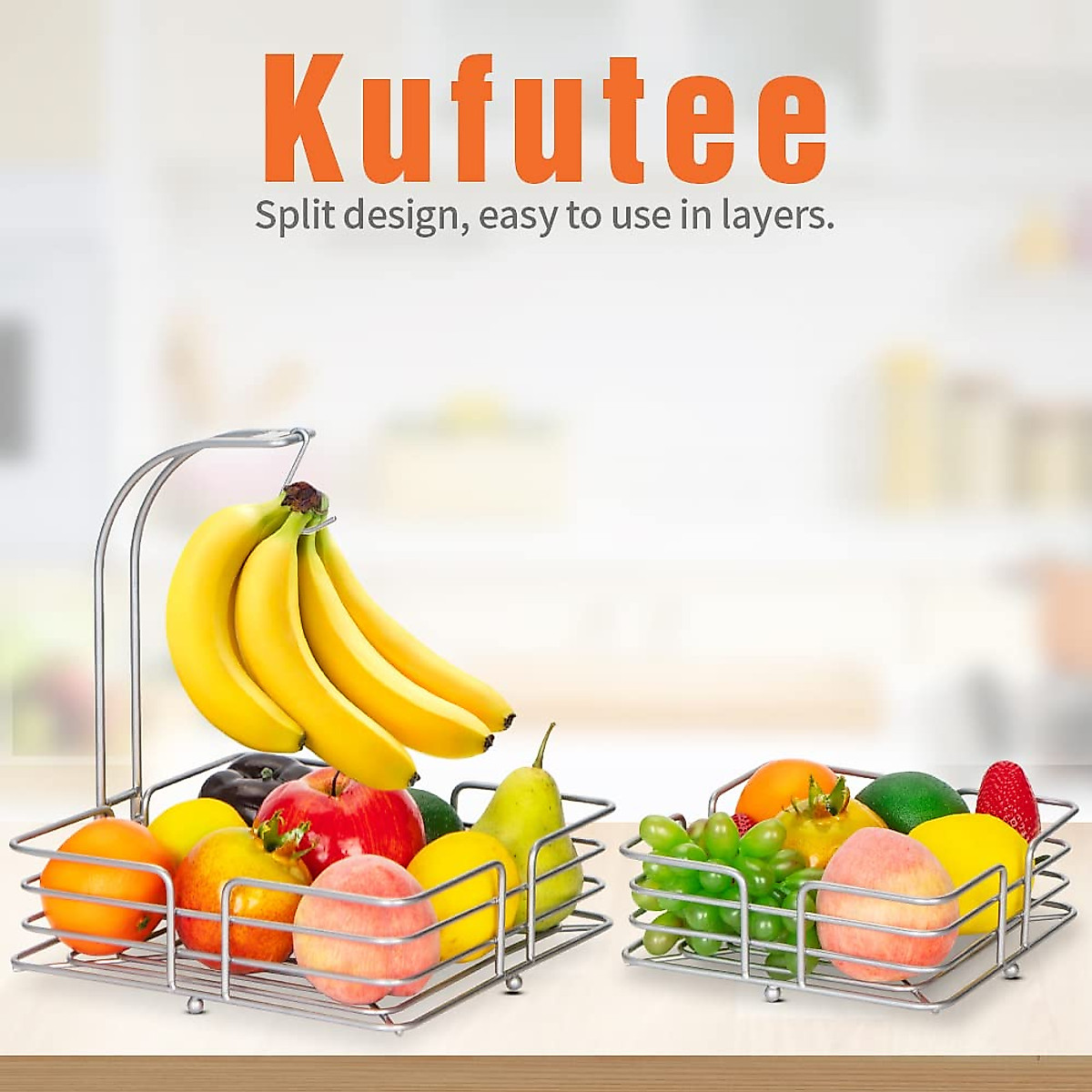 Kufutee 2 Tier Countertop Fruit Basket,Vegetables Bowl Storage With Banana Hanger,Sliver