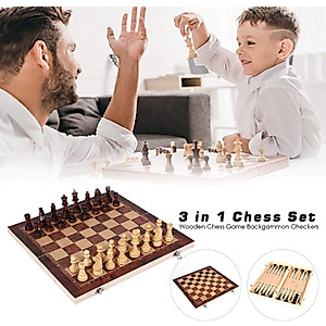 Wooden Chess Set Folding, 3 in 1 Wooden Chess Checkers Backgammon Set with Storage for Pieces - for Adults Beginners and Kids Aged 4+