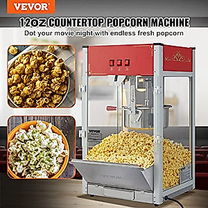 VEVOR Commercial Popcorn Machine, 12 Oz Kettle, 1440 W Countertop Popcorn Maker for 80 Cups per Batch, Theater Style Popper with 3-Switch Control Steel Frame Tempered Glass Doors 1 Scoop 2 Spoons, Red