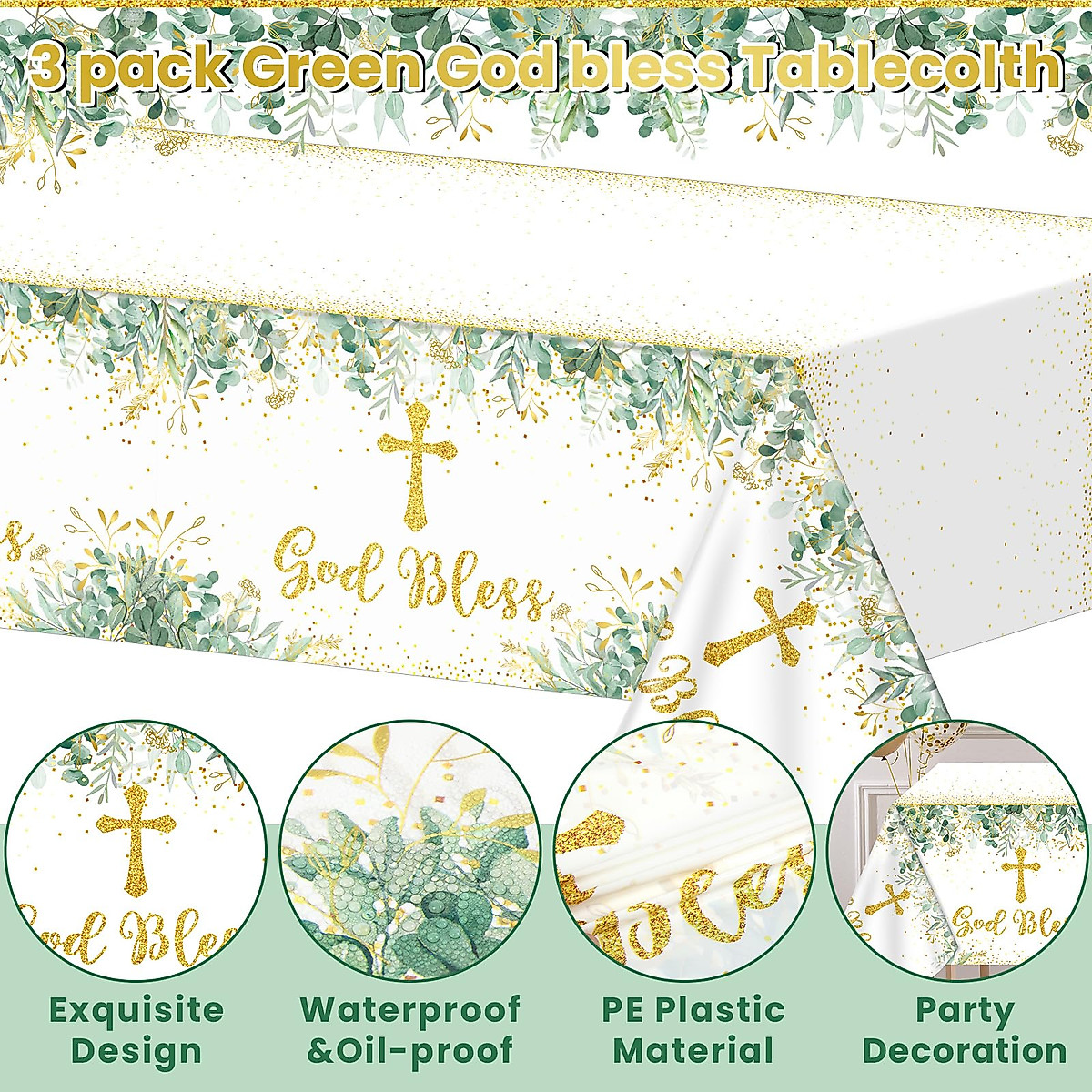 3Pcs God Bless Baptism Tablecloth First Communion Holy Tablecloth Decorations Mi Bautizo Christening Table Cover Disposable Tablecloths for Boys Girls Newborn Baby Shower Party Supplies 54 x 108 inch