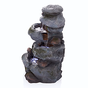 Alpine Corporation WIN582 Tall Outdoor 3-Tier Rock Waterfall Fountain with LED Lights, 15"L x 13"W x 22"H, Gray/Beige