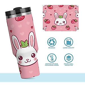 FRCSDIY Rabbits and Strawberries Insulated Tumbler with Handle and Straw Lid,30oz Leakproof Stainless Steel Cup BPA-Free Water Bottle