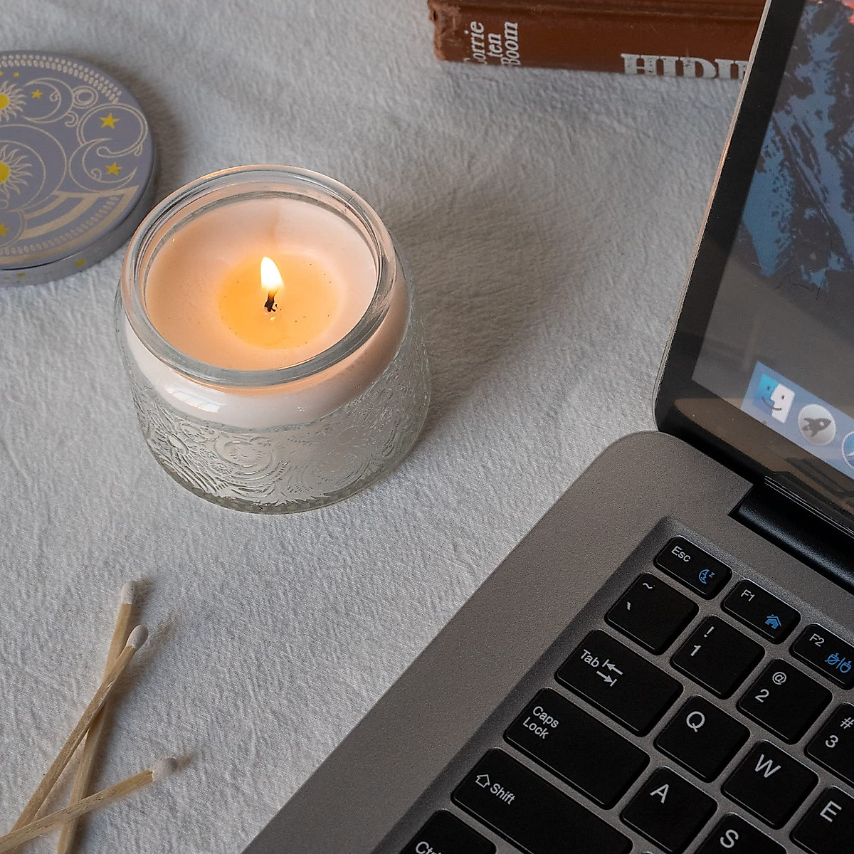 Art Secret 4oz Sun Moon Stars Embossed Glass Candle Container with Lid and Labels (Pack of 18, Clear)