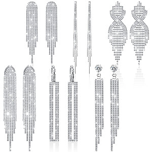 6 Pairs Rhinestone Earrings Chandelier Earrings Women Dangling Crystal Fringe Long Tassel Earrings for Bride Jewelry for Wedding Dinner Party Gift(Modern Style)