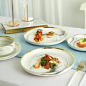 Pokini Dinnerware Sets, Marble Gold Line Plates and Bowls Sets Stoneware Dishes Set For 4, 12 Piece White Grey Marble Porcelain Round Dinner Dish Sets