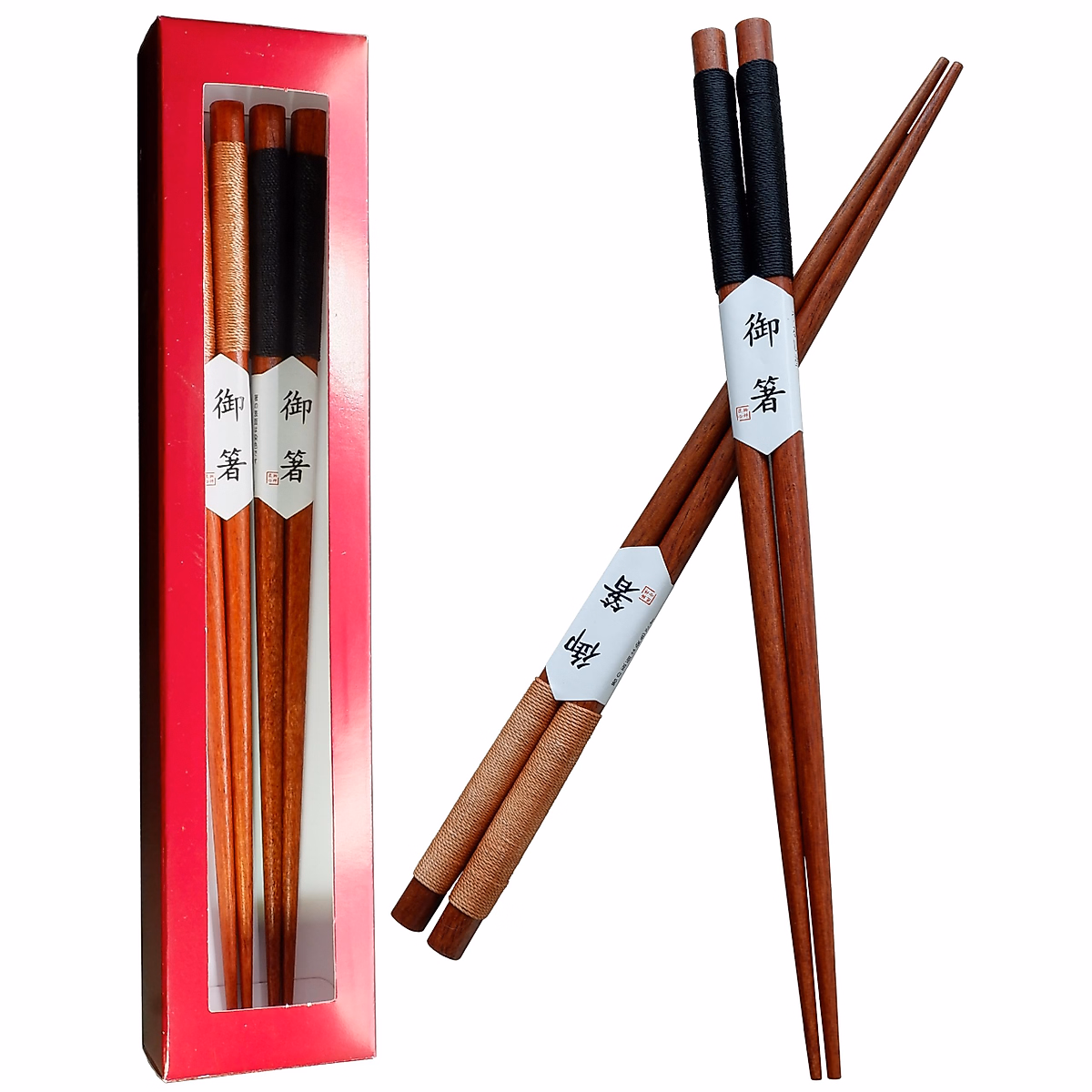 Chopsticks 2 Pairs Reusable Japanese Wooden Chopsticks for Sushi, Noodles as Ramen, Udon, Soba, Pho Dishwasher Safe 9 inches