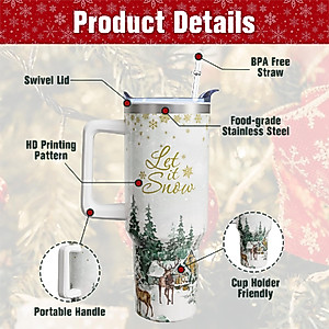 owbgsdh 40 oz Christmas Tumblers with Handle and Straw, Christmas Deer Tree 40oz Stainless Steel Vacuum Insulated Travel Coffee Mug Cup Water Bottle, Christmas Decor Stuff Accessories Gifts for Women