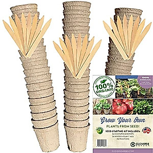 Clovers Garden Organic Recycled Paper Seed Starter Pots - 100% Biodegradable Peat-Free Pots for Seedlings - 60 (3.5" Round) Germination Pots with 24 Markers - Eco Friendly Ideal for Organic Gardening