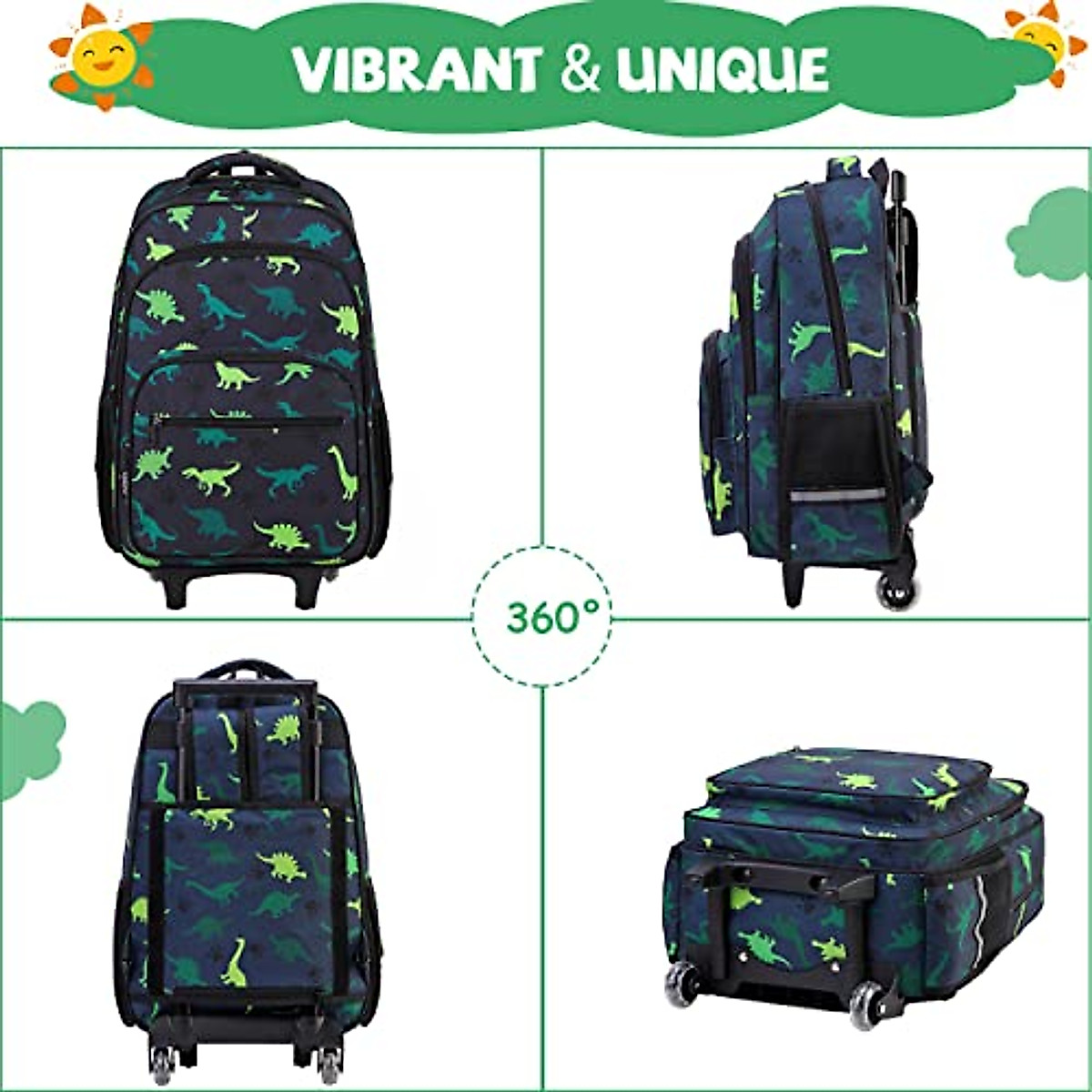 VASCHY Rolling Backpack Kids, 17in Water Resistant Large Bookbag Carry-on Travel Trip Bag with Wheels for Boys Girls Green