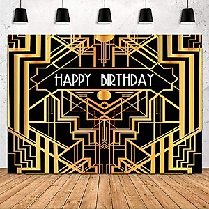 Happy Birthday Backdrop for Gatsby Birthday Party Decorations FHZON 10x7ft The Great Gatsby Photography Background Black Gold Golden Banner Party Themed Wallpaper Video Studio Shoot Props LXFH566