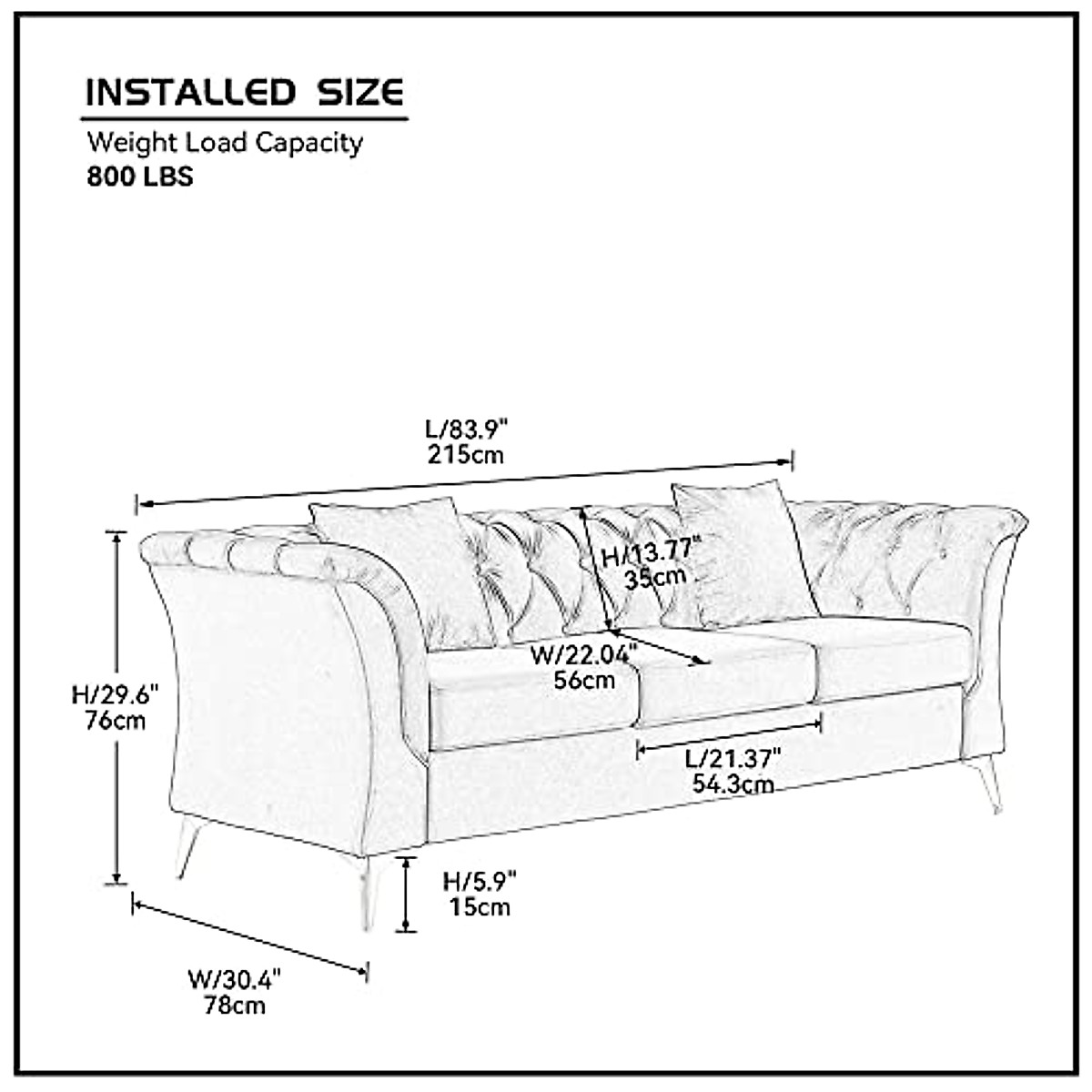 RUNWON 3 Seater 84.6'' Modern Chesterfield Curved Sectional Sofa Tufted Velvet 3 Seat Couch Button Tufed with Scroll Arms and Gold Metal Legs for Small Space Apartment Living Room, Grey