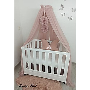 Soft canopy for nursery with holder and pompoms, Kids hanging tent for bedroom, Bed canopy, crib canopy, baby room decor, Nook baldachin (Dusty Pink)
