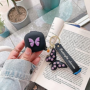 Compatible with Samsung Galaxy Buds Pro/Galaxy Buds Live Case with Butterfly Keychain, Protective Silicone Kids Teens Girls Women Funny Kawaii Fashion 3D Cute Cover for Galaxy Buds Pro/Live - Black