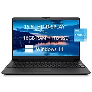 HP 15 HD Laptop, Intel Pentium N5030, 16GB RAM, 1TB SSD, Webcam, RJ-45, Bluetooth, HDMI, USB-C, Fast Charge, Lightweight, Wins 11, ROKC HDMI Cable, Black (15-dw1783wm)