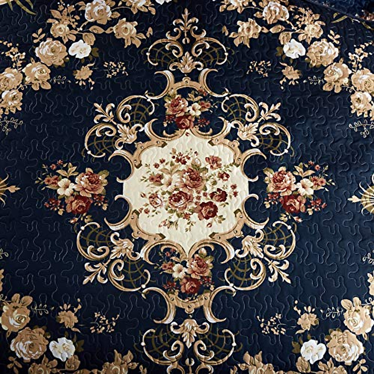 LAMEJOR Quilt Set Queen Size Retro Floral Pattern Medallion Style 3-Piece Reversible Luxury Soft Comforter Set Bedspread Coverlet Set Microfiber Dark Blue