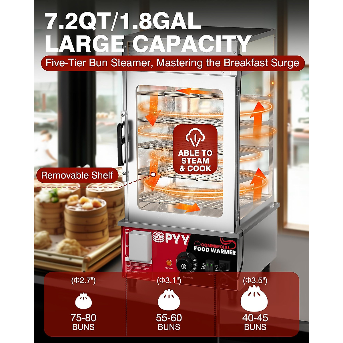 PYY Bun Steamer Electric Food Display - Upgrade Automatic Temperature Control 5 Layers Display Stainless Steel Commercial Bun Steamer For Kiosk, 1200W/110V