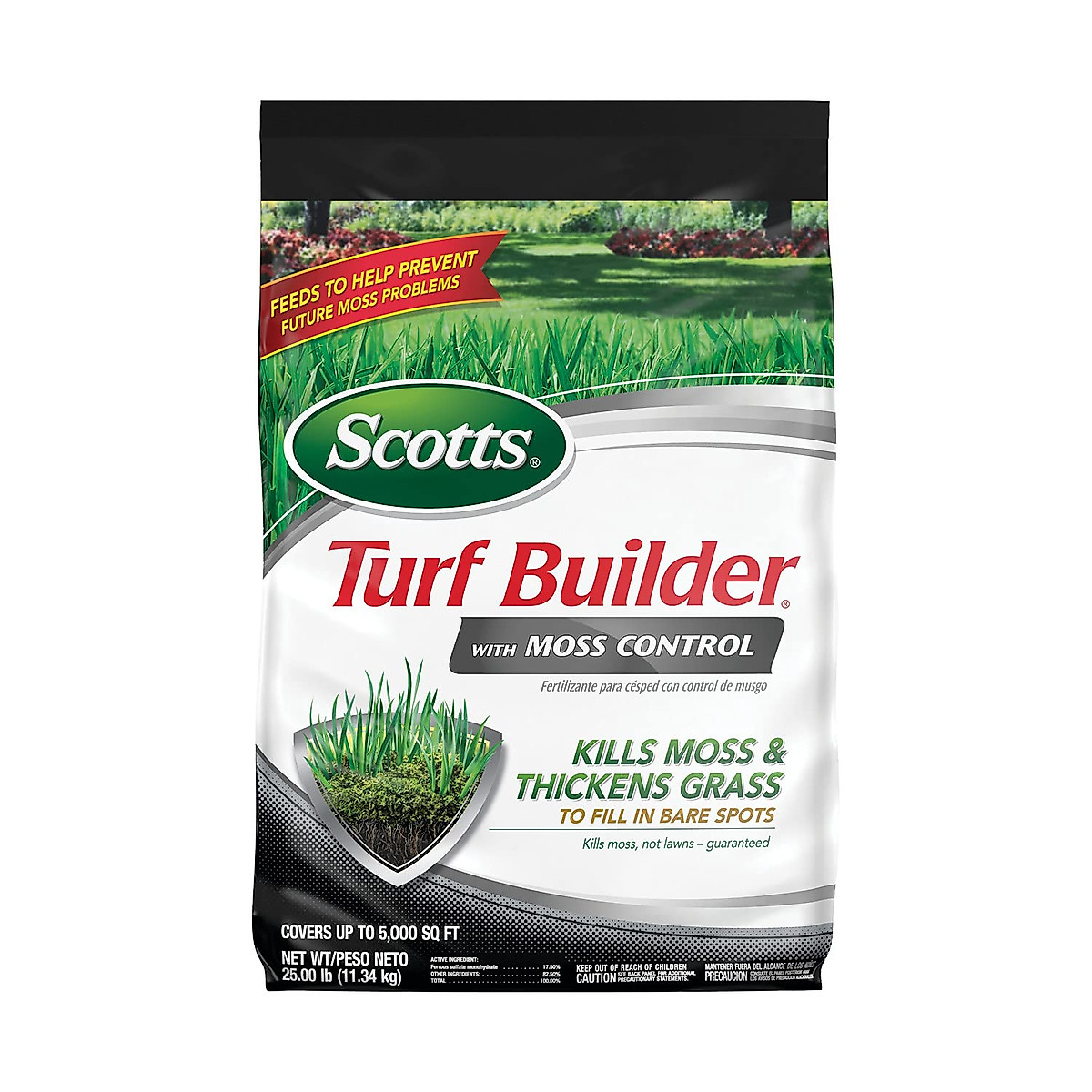 Scotts Turf Builder with Moss Control, Moss Killer and Lawn Fertilizer, Covers Up to 5,000 sq. ft., 25 lbs.
