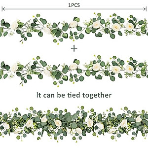 TOCHGREEN 4 Pack Artificial Eucalyptus Flower Garland with White Roses, Fake Rose Flower Greenery Garland Floral Vines for Wedding Home Party Table Runner Decor (4PCS, white)