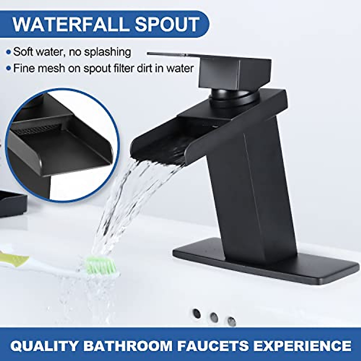 Matte Black Bathroom Faucet, Homikit Waterfall Bathroom Faucets for Sink 1 or 3 Holes, Modern Vanity Faucet with Single Handle Single Hole, Pop Up Drain, Deck Plate, 2 Water Supply Hoses