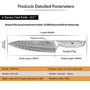 Chef Knife 8 Inch - Classic Damascus Pattern Professional Chef's Knives Japanese VG-10 Steel Ebony Wood Handle