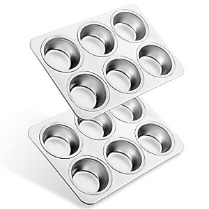 LIANYU Muffin Cupcake Pan Set of 2, Nonstick Muffin Pans Tin 6 Cups, Stainless Steel Dessert Muffin Top Pan Tray for Baking Oven, & Dishwasher Safe