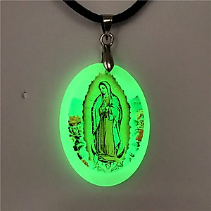 PTGMH Religious Jewelry Adjustable Virgin Mary Necklace for Women Godmother Necklace Lady of Guadalupe Oval Pendant Resin Glow in the Dark Fashionable Religious Gifts (green)