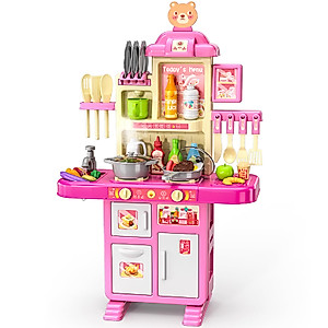 TEMI Kids Play Kitchen Playset - Pretend Play Kitchen Accessories for Toddlers 2-5 Years Old, Interactive Girls Toys Play with Lights and Sounds, Toddler Outdoor Playset Gifts for Boys