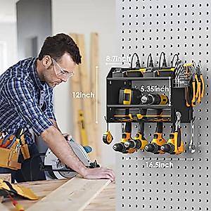 CCCEI Modular Power Tool Organizer Wall Mount with Charging Station. Garage 4 Drill Storage Shelf with Hooks, Screwdriver, Drill Bit Heavy Duty Rack, Tool Battery Holder Built in 8 Outlet Power Strip.