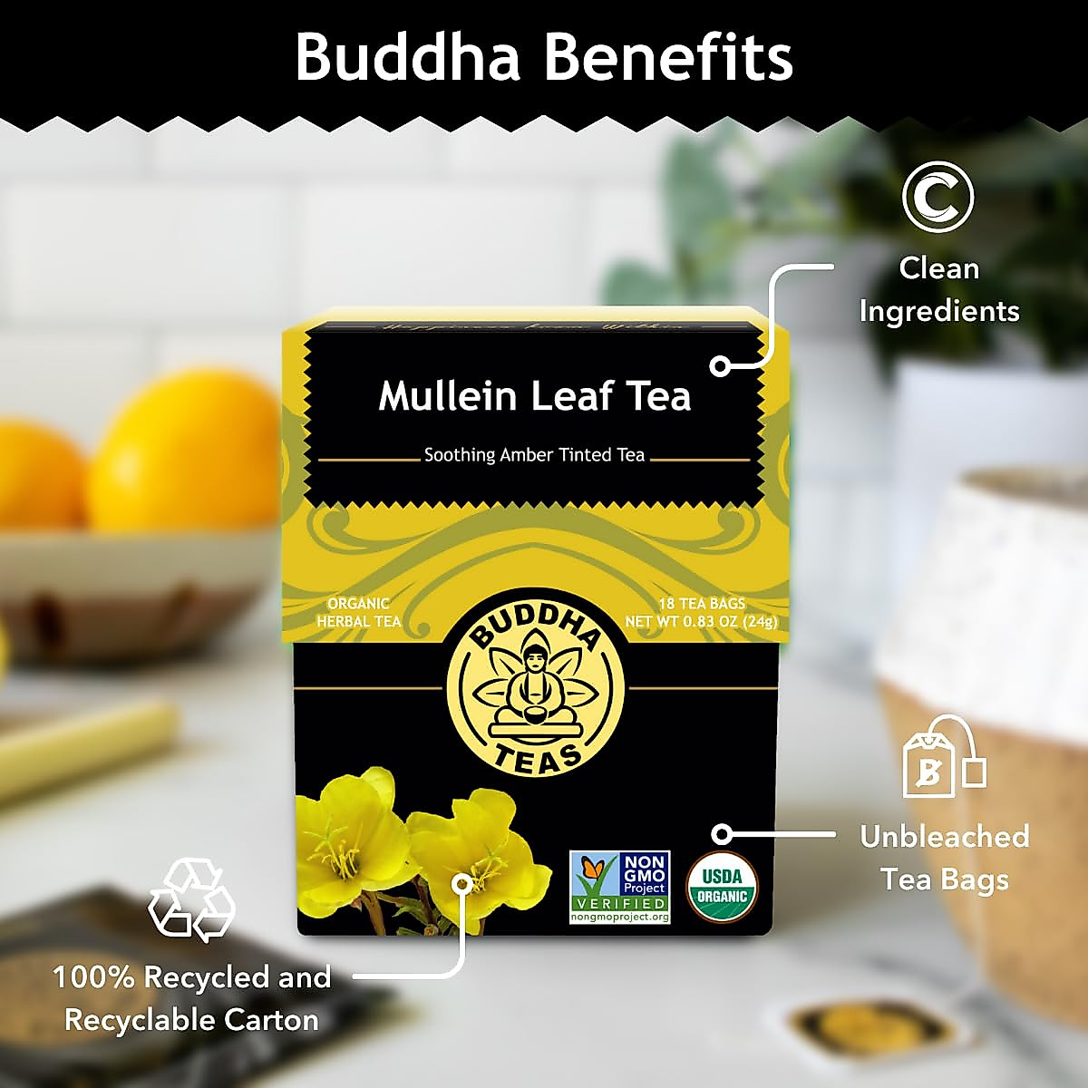 Buddha Teas Organic Mullein Leaf Tea - OU Kosher, USDA Organic, CCOF Organic, 18 Bleach-Free Tea Bags