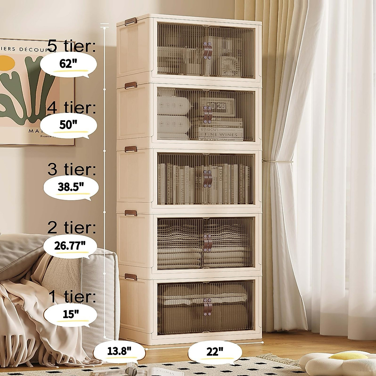 SAILUN 82Gal（326Qt） Stackable Storage Bins Folding Collapsible Storage Bins with Lid, Closet Organizers and Storage, Storage Box with Door Beige 22" Wx13.8 Dx62 H