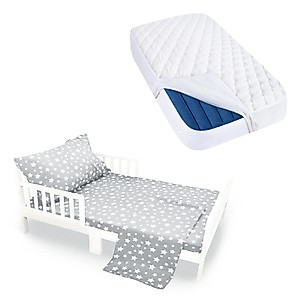 Crib Air Mattress Pad Waterproof with Toddler Bed Set Star Print, 3 Piece Toddler Bed Sheets for Boys and Girls, Quilted Crib Mattress Sheet Fitted Crib and Toddler Mattress