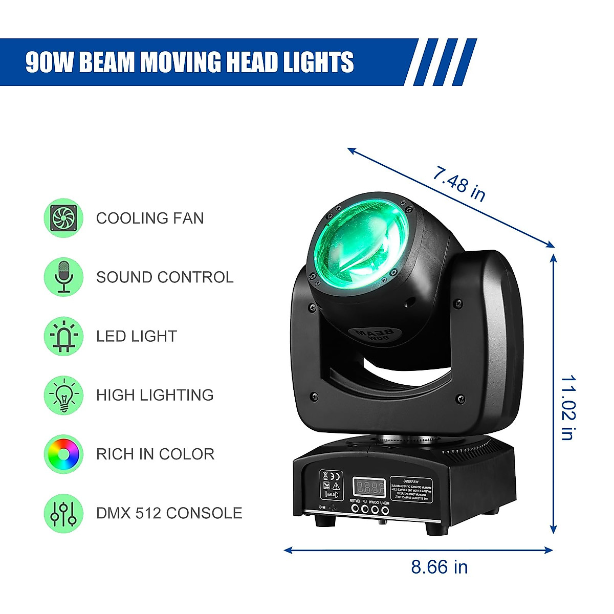 90W LED Moving Head DJ Lights Mini Beam Stage Lights with Sound Activated RGBW 4 In1 Super Bright Spot Light DMX Control for Wedding DJ Party Stage Lighting