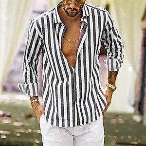 Men Casual Striped Button Down Shirts Long Sleeve Slim Fit Beach Shirt Fall Regular Fit Business Dress Shirt Top (Grey,Medium)